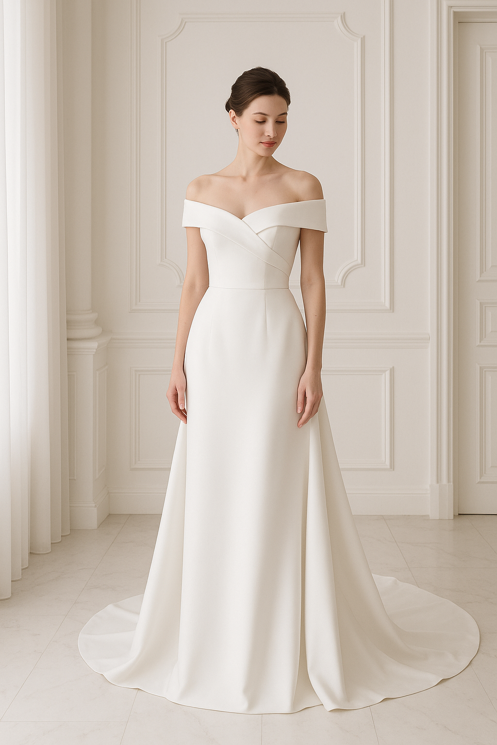 Off Shoulder Satin A-Line Wedding Dress With Draped Neckline ...